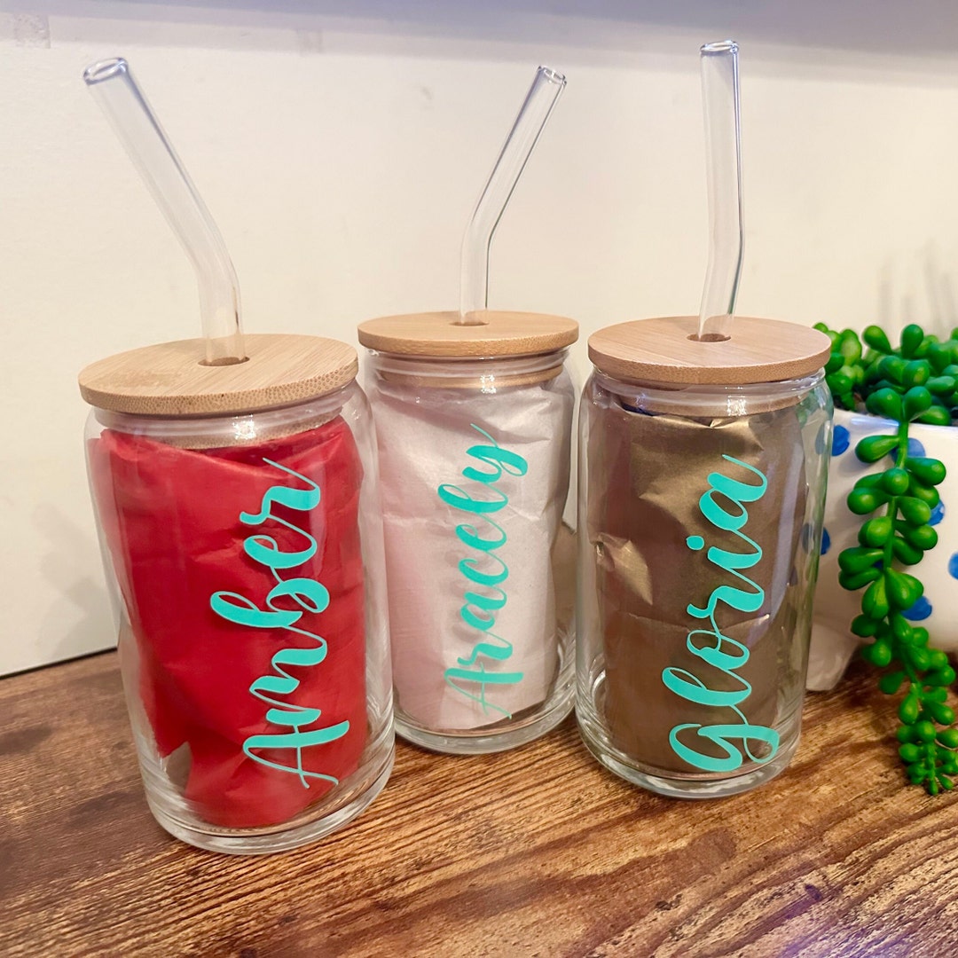 Personalized Glass Cups With Bamboo Lids and Glass Straw. 16oz Iced ...