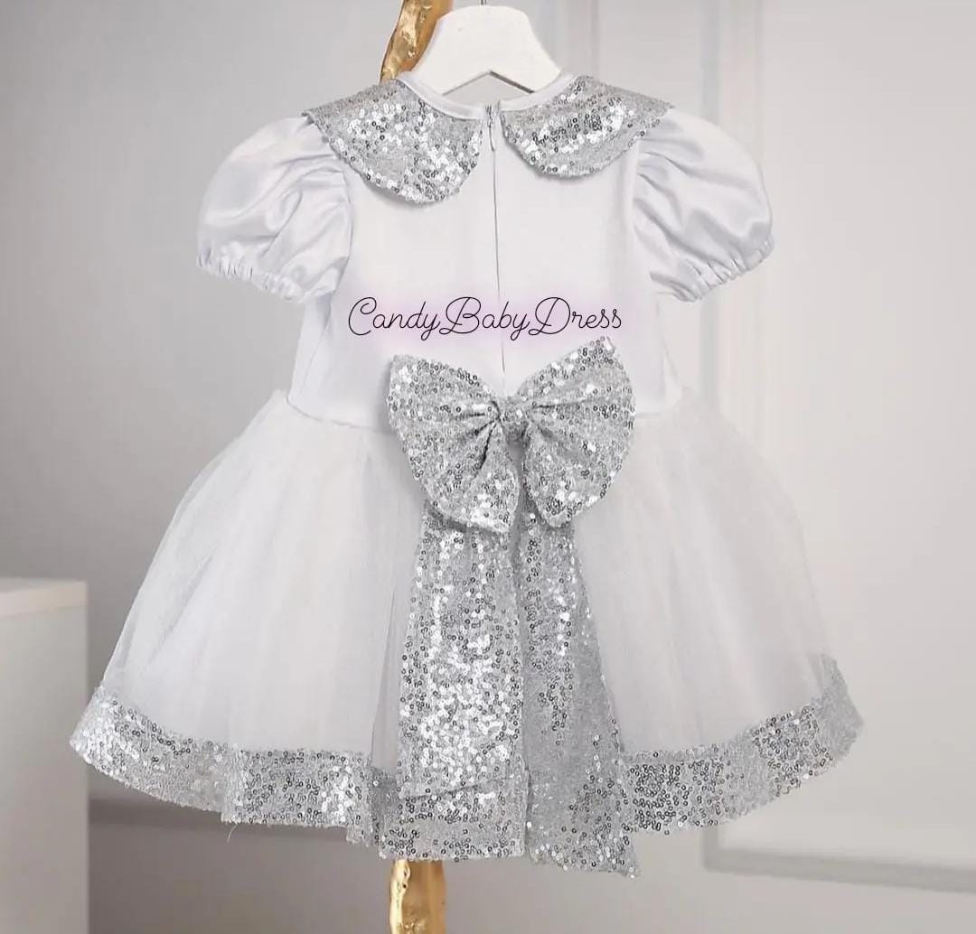 White Sequin Flower Girl Dress | Silver Collar Birthday Princess ...