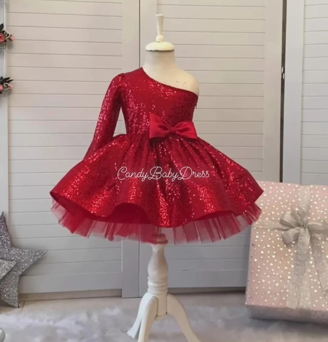 Red Baby Girls Giftssequins Princess Flower One Shoulder - Etsy