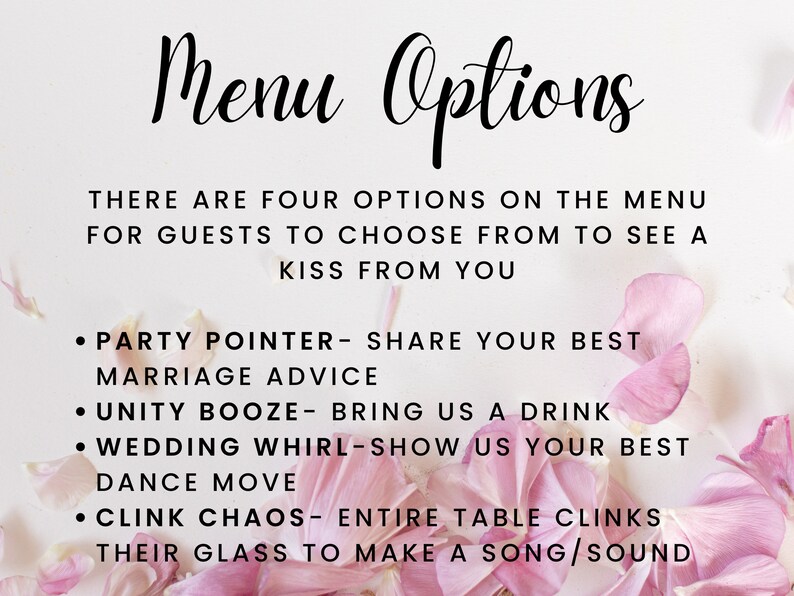 Kissing Menu Printable L Wedding Reception Kissing Menu L - Etsy