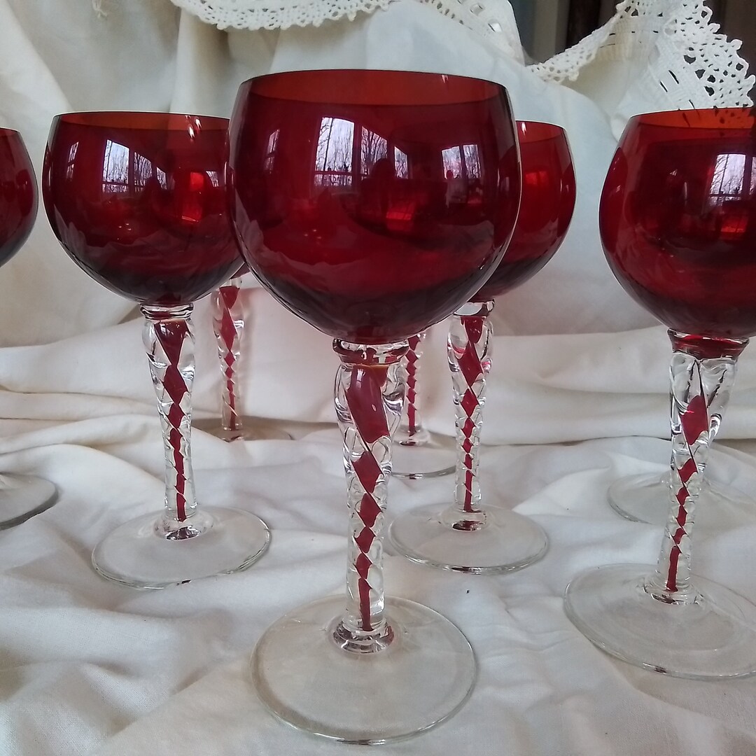 Mid Century Ruby Red Wine Glasses With Red Ribbon Twist in Clear Stem ...