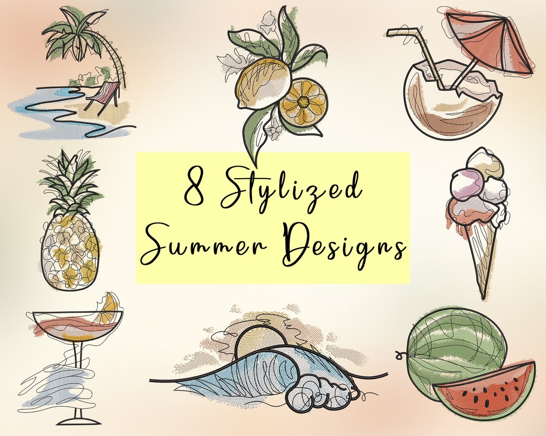 8 Stylized Summer Embroidery Designs, Machine Embroidery Designs ...