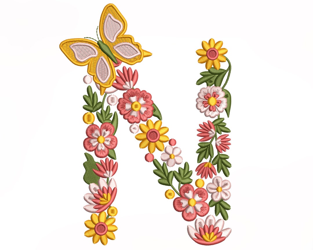 Flower Alphabet Letter N Embroidery Design, Machine Embroidery Design ...