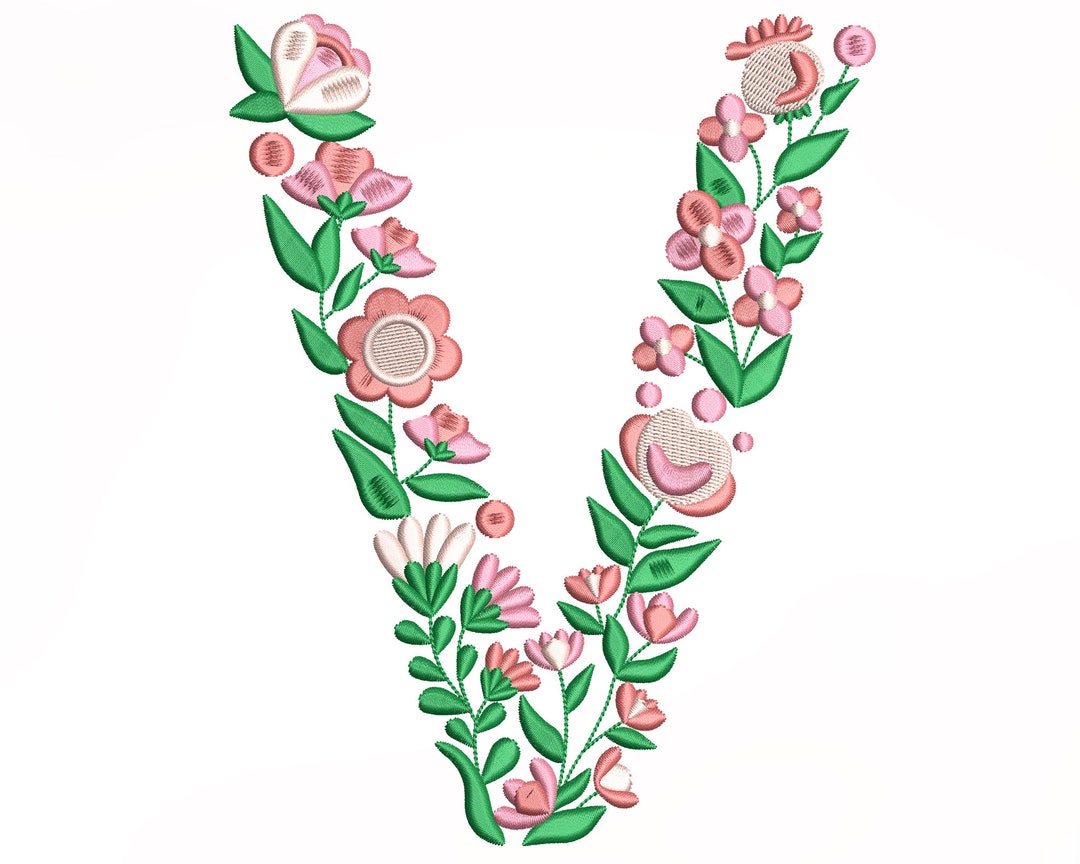 Flower Alphabet Letter V Embroidery Design, Machine Embroidery Design ...
