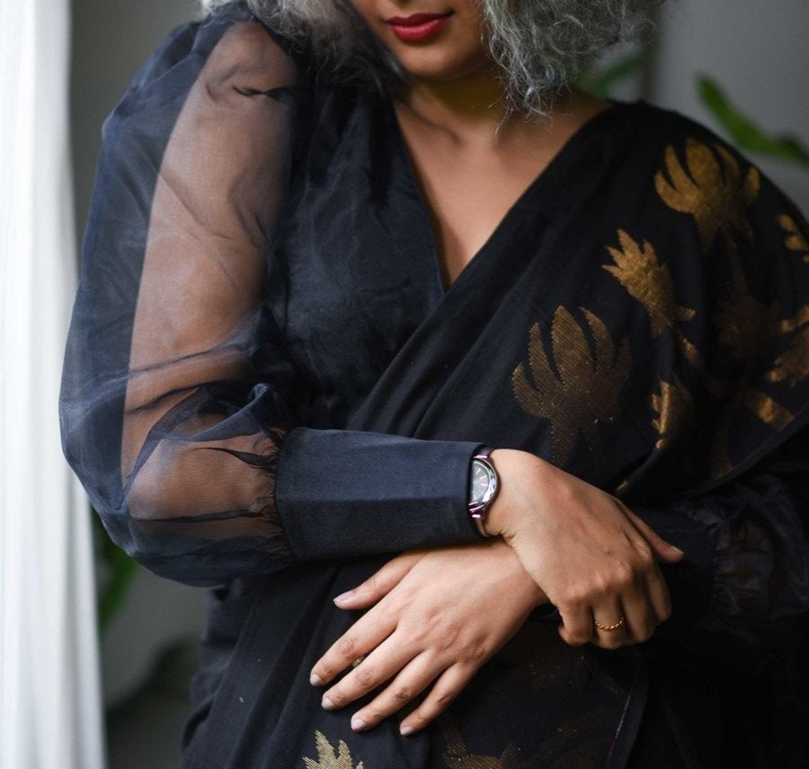 Designer V Neck Black Color Cotton Blouse With Net Puff - Etsy