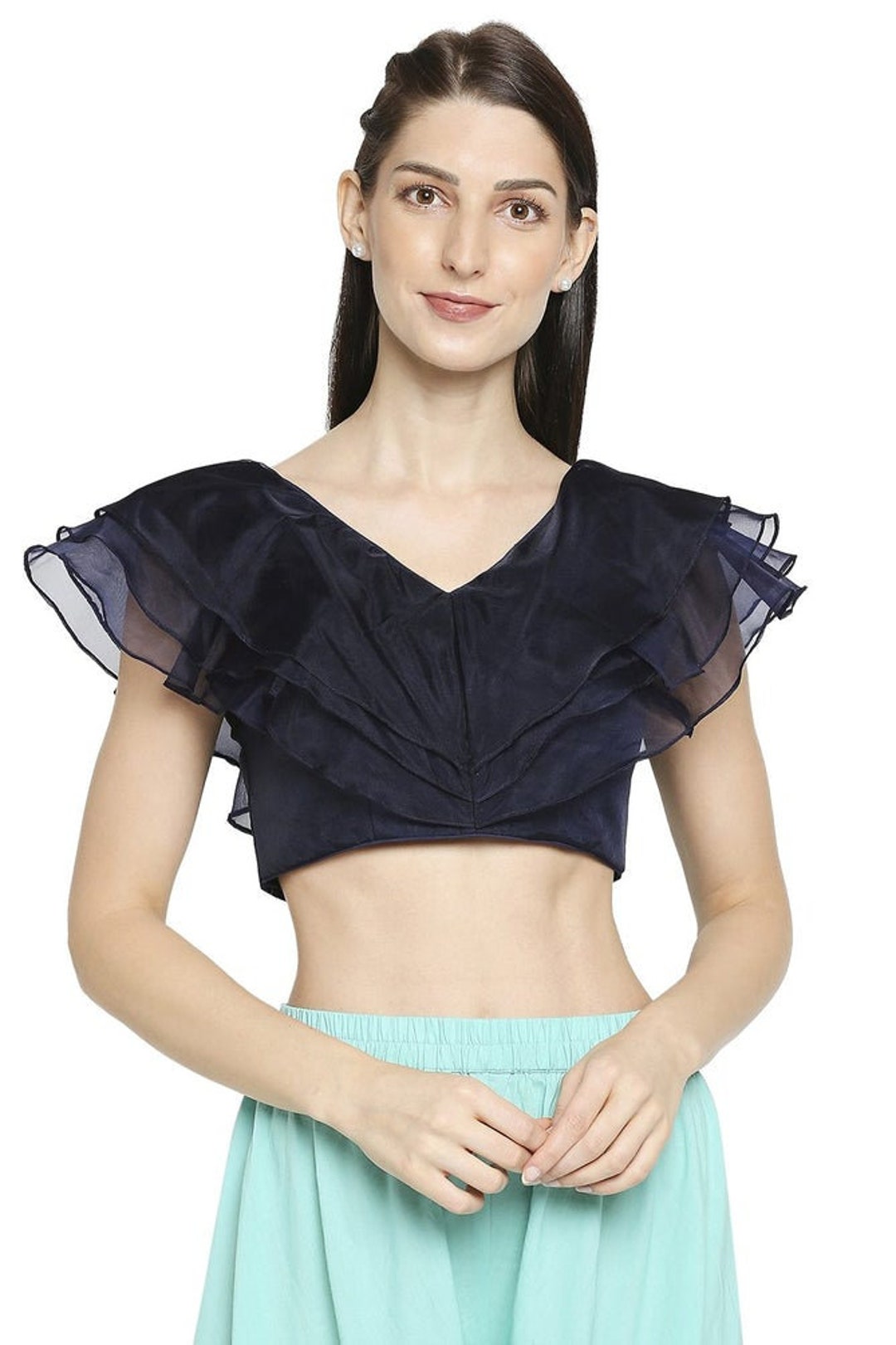 Designer Made Navy Blue Color Premium Organza V Neck Ruffle - Etsy