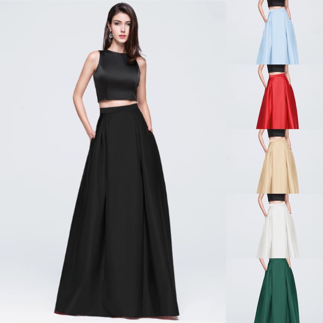 Black Satin Silk Made Skirt With Scoop Neck Top for Women, High Waist ...