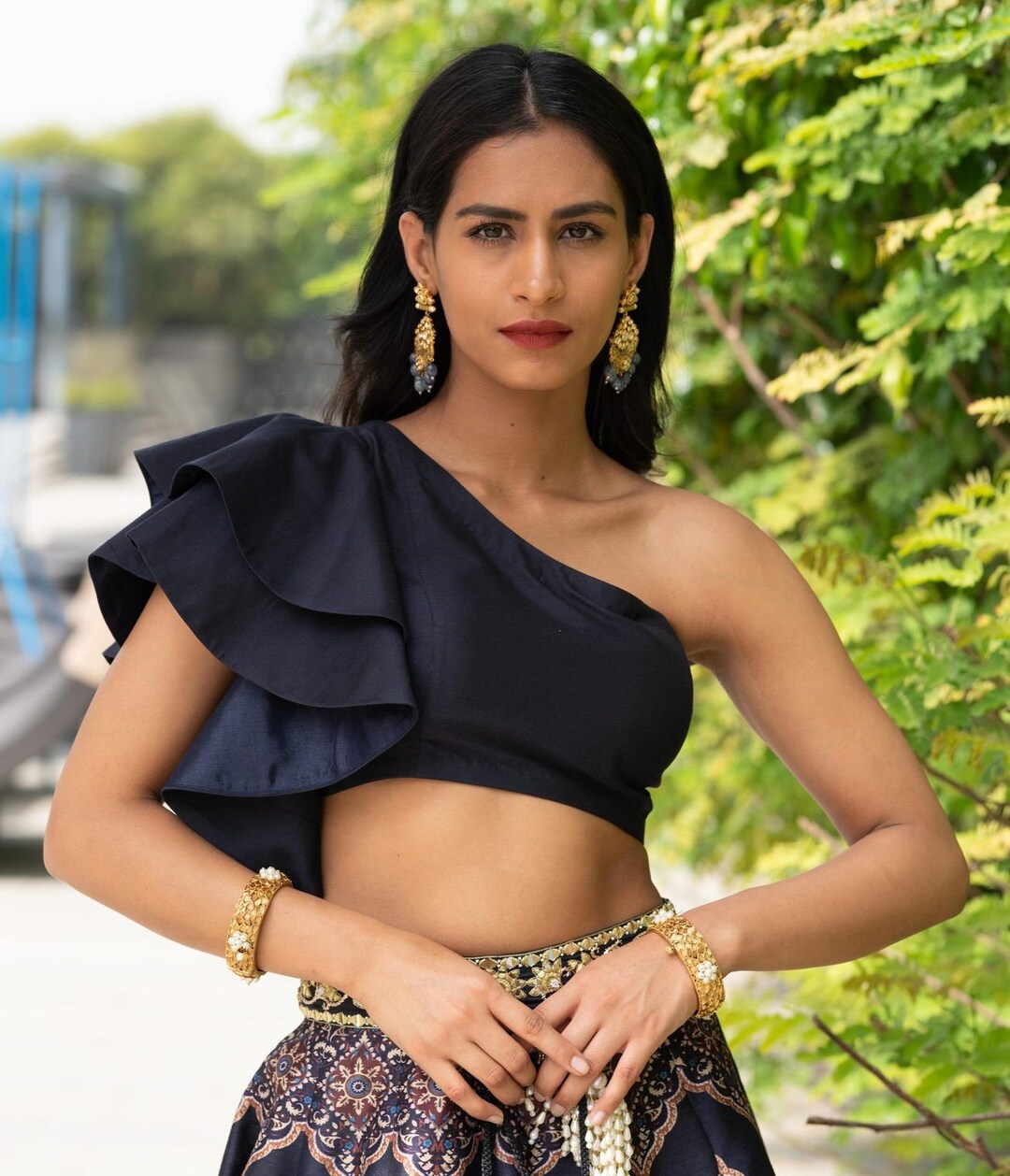 Dark Navy Blue Color Premium Silk One Shoulder Ruffle Sleeves Blouse ...