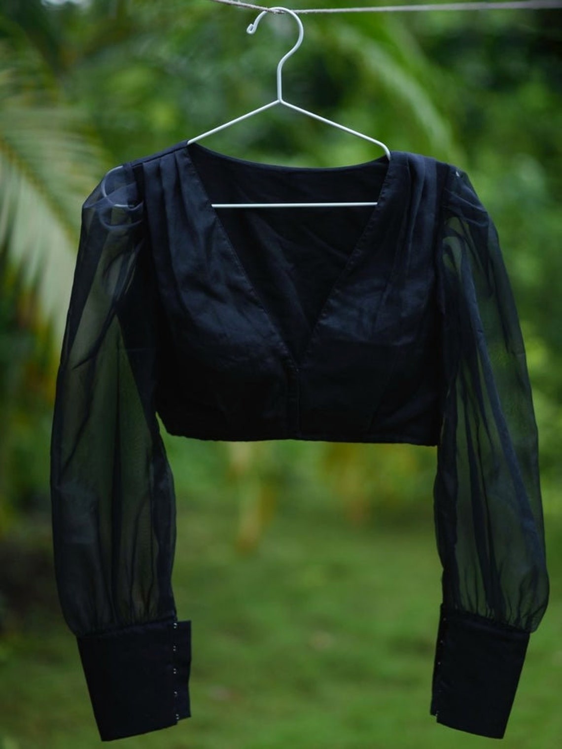 Designer V Neck Black Color Cotton Blouse With Net Puff - Etsy