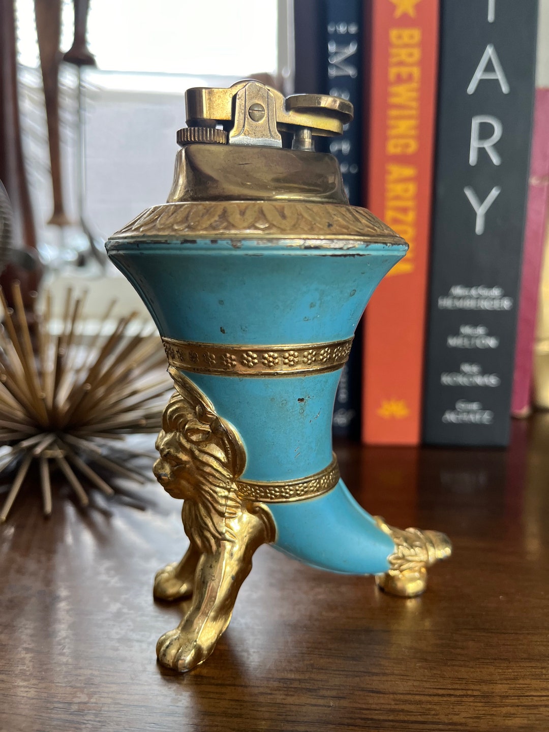 Vintage Ornate Lion With Gold and Turquoise Tone Butane Table Lighter ...