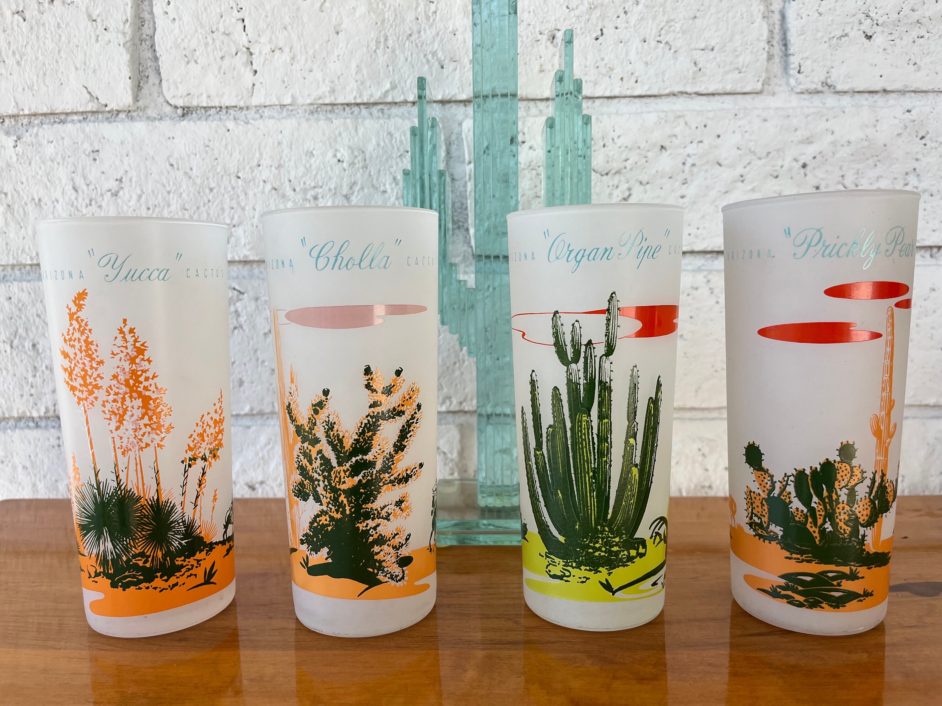 Vintage Mid Century Set of 4 Blakely Arizona Frosted Cactus Glassware ...
