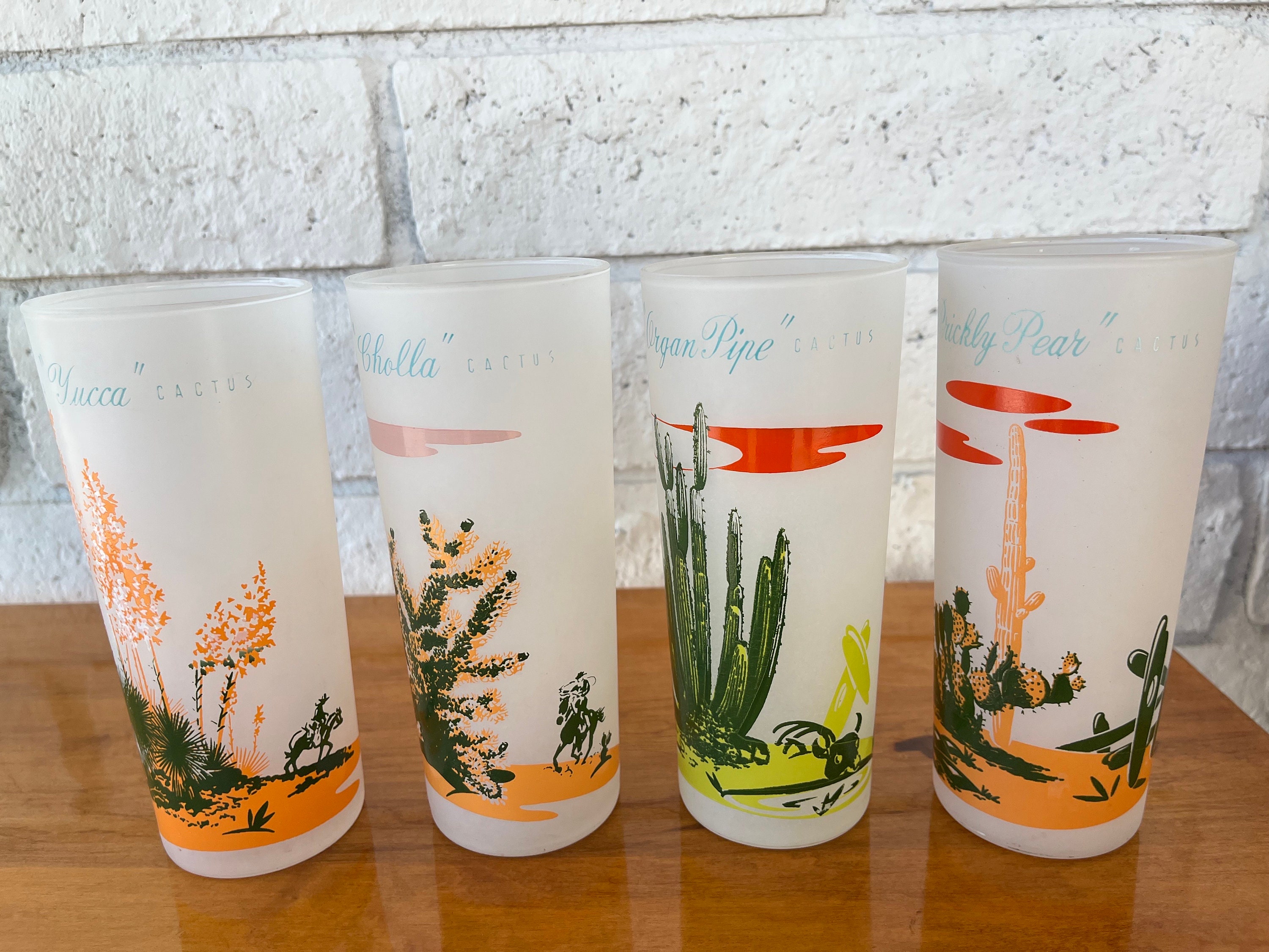 Vintage Mid Century Set of 4 Blakely Arizona Frosted Cactus Glassware ...