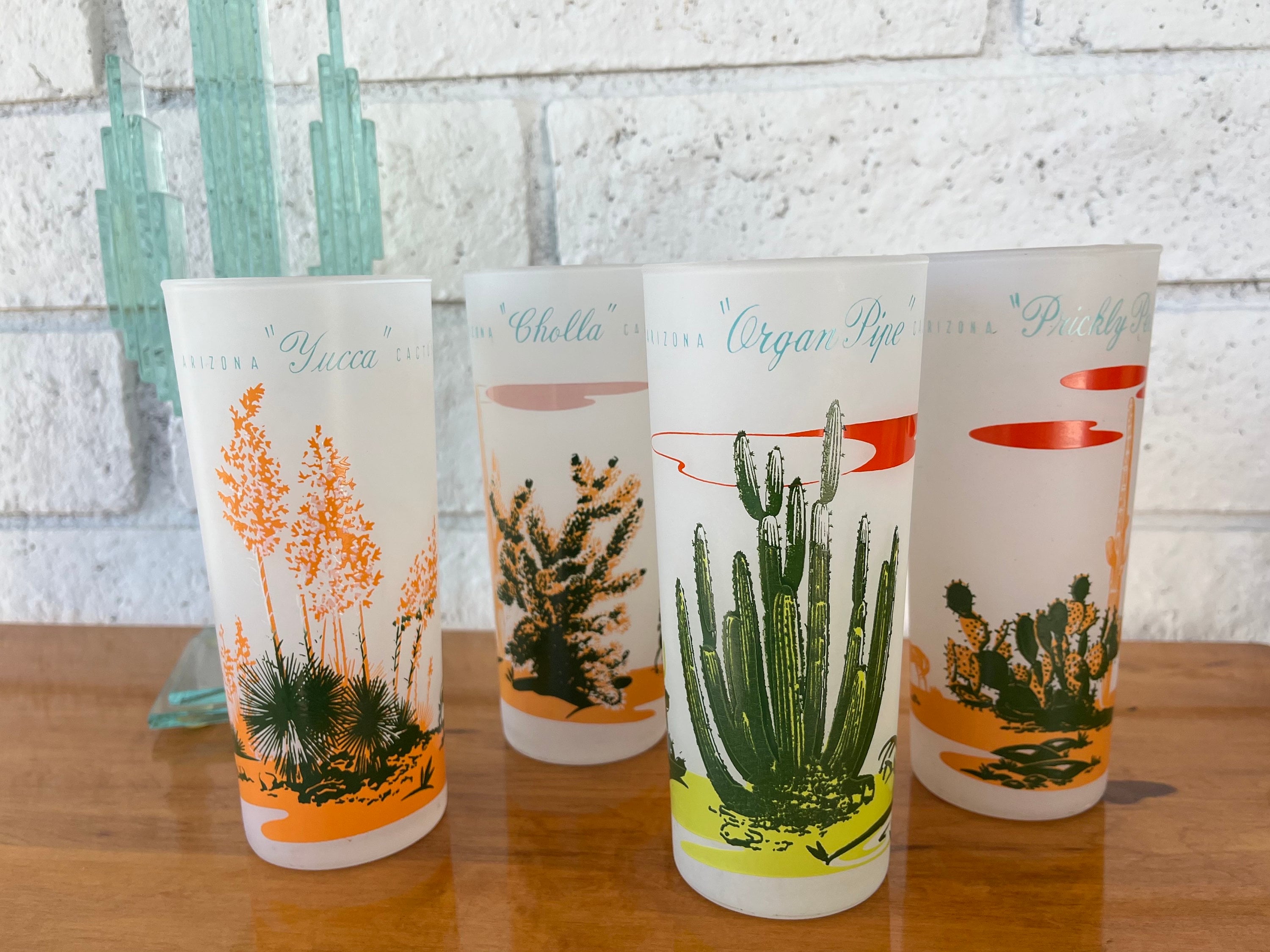 Vintage Mid Century Set of 4 Blakely Arizona Frosted Cactus Glassware ...