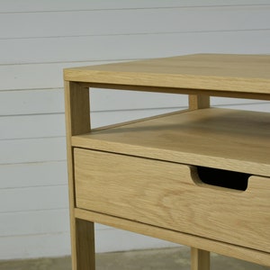 Nightstand in Solid Oak Wood and Smoked Glass Top, Bedside Table With ...