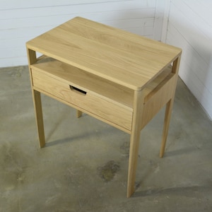 Nightstand in Solid Oak Wood and Smoked Glass Top, Bedside Table With ...