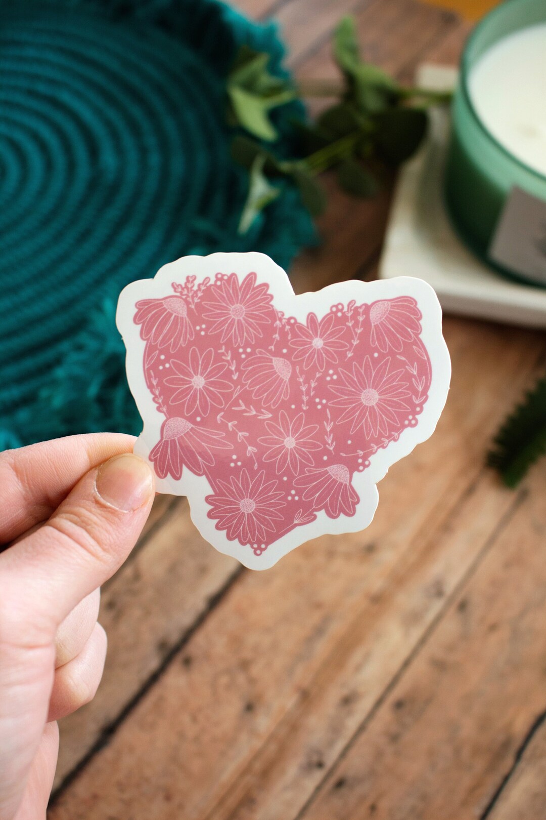 Pink Floral Heart Sticker, Flower Heart, Vinyl Decal, Floral Line Art ...