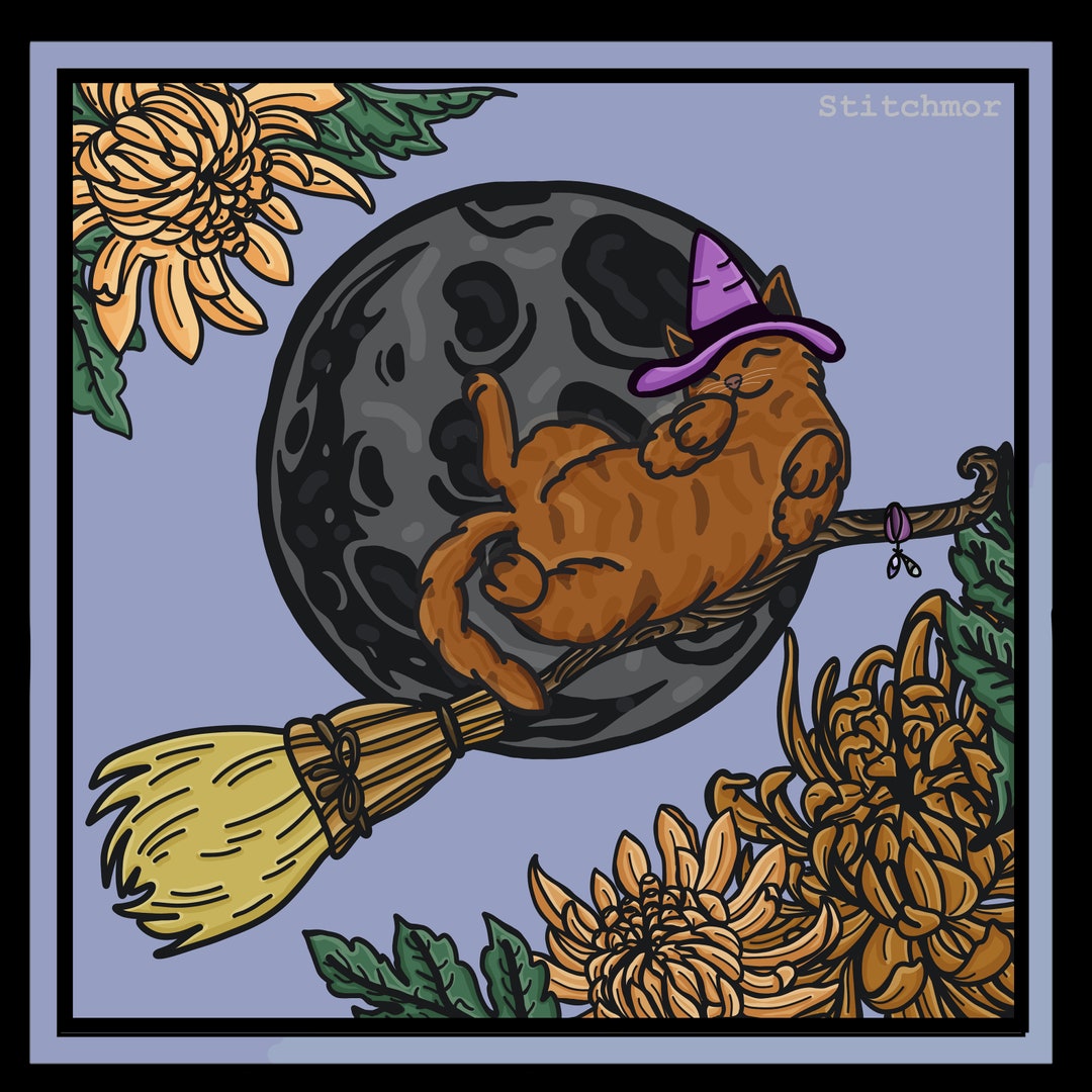 Whiskers & Magic Cute Spooky Tabby Cat Riding Broom Digital ...
