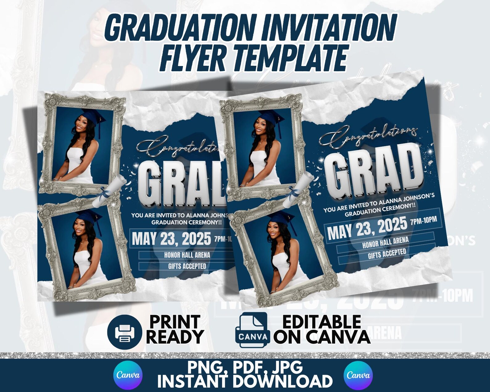 Blue Graduation Invitation Flyer: DIY Canva Template (instant Download ...