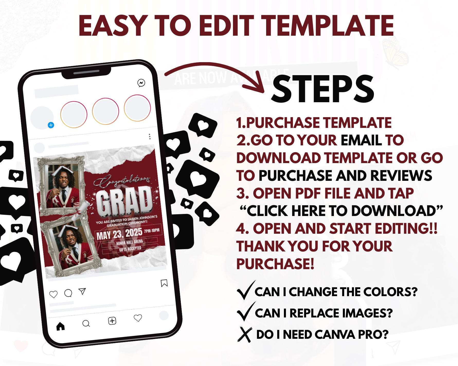 Red Graduation Invitation, DIY Graduation Flyer, Canva Template ...