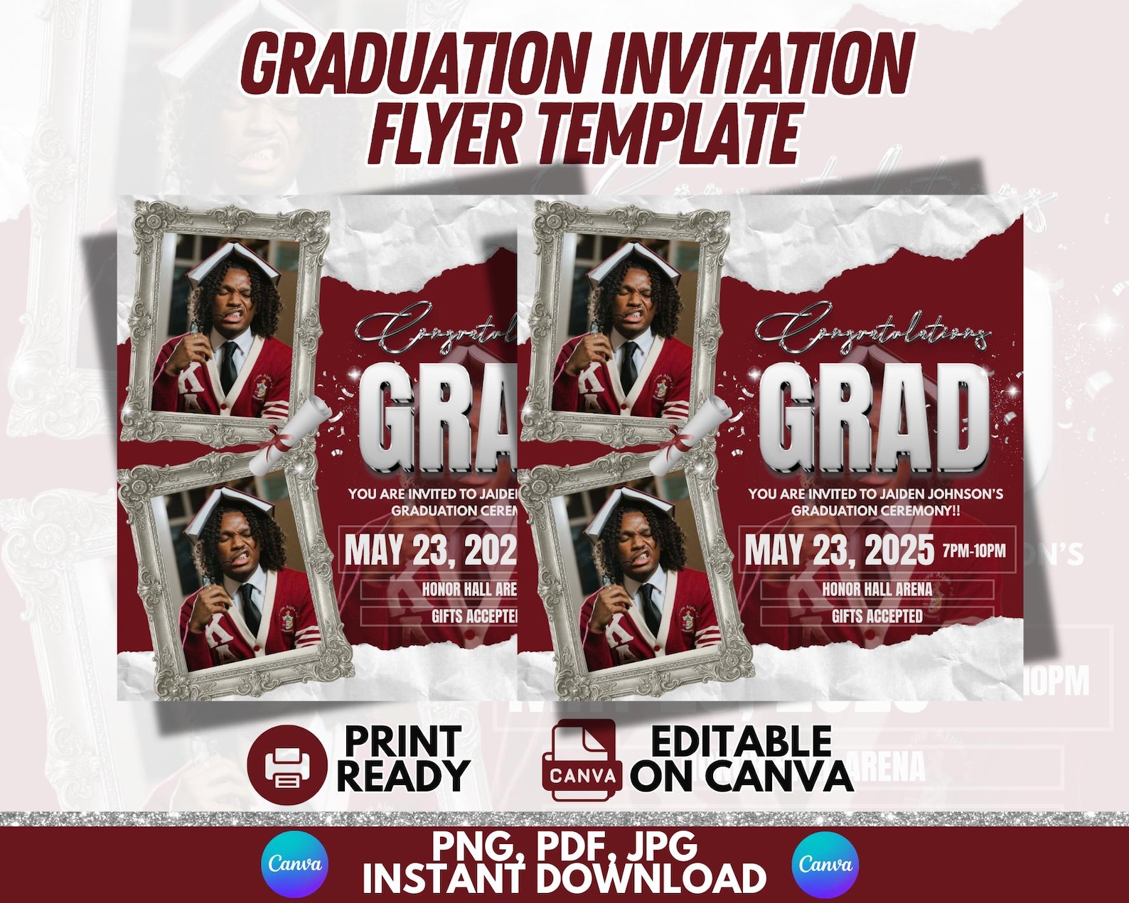 Red Graduation Invitation, DIY Graduation Flyer, Canva Template ...