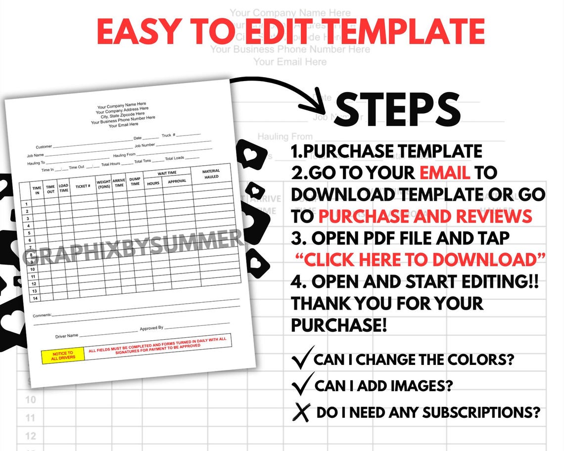 Dump Truck Load Form Template | Printable Hauling Log Sheet | Google ...