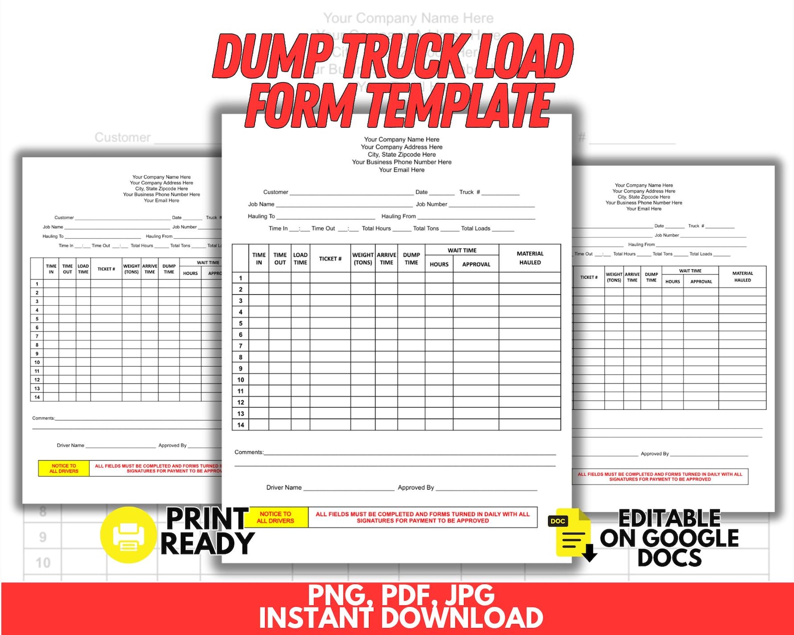 Dump Truck Load Form Template | Printable Hauling Log Sheet | Google ...