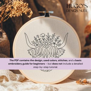 Highland Cow Hand Embroidery Pattern, Cute Floral Animal Embroidery ...