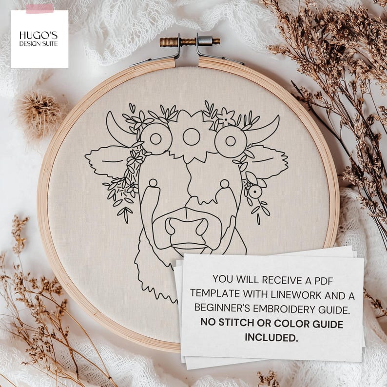 Floral Highland Cow Hand Embroidery Pattern, Fun Animal Embroidery ...
