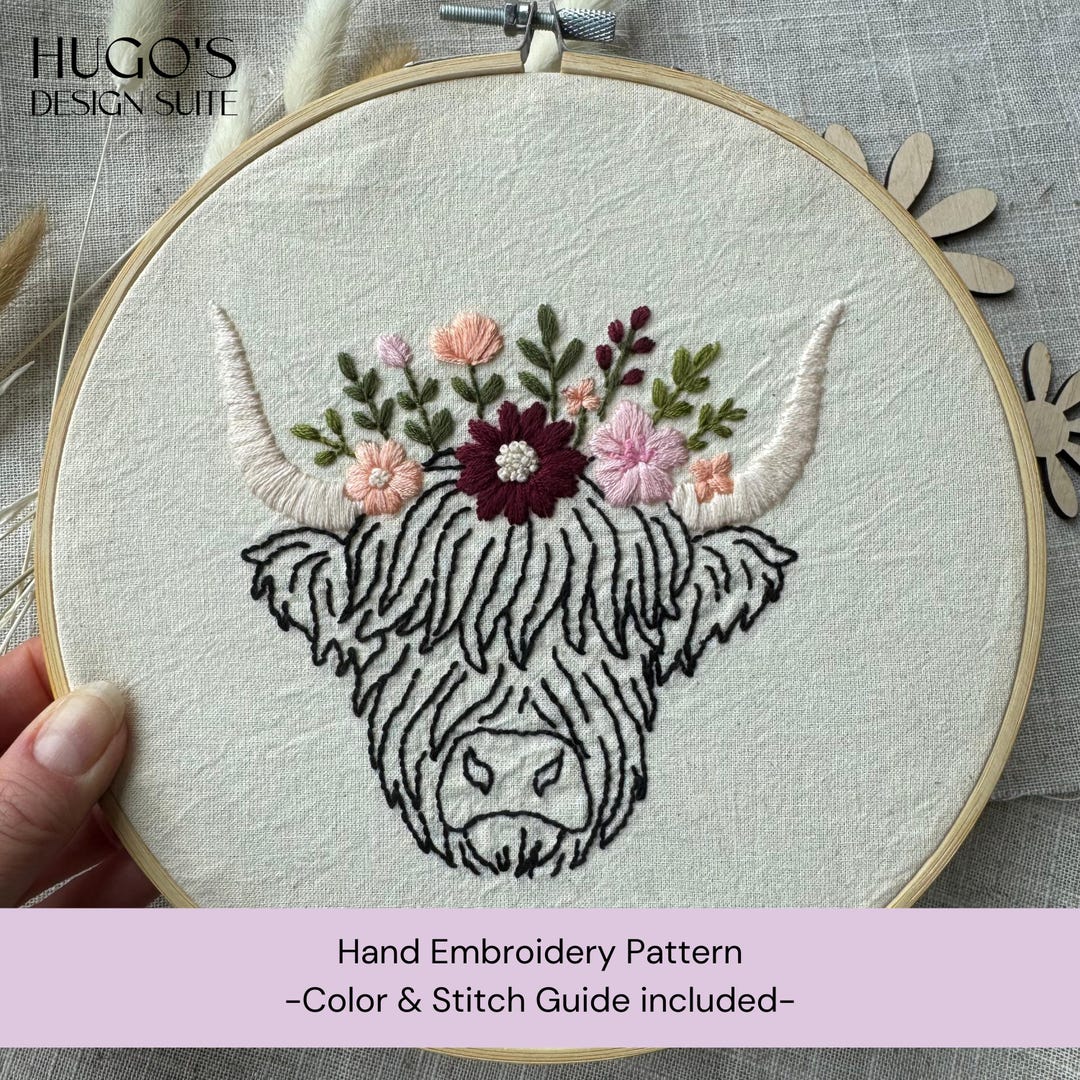 Highland Cow Hand Embroidery Pattern, Cute Floral Animal Embroidery ...