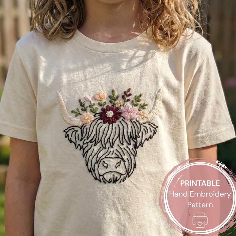 Hand Embroidery Pattern of a Floral Highland Cow, Floral Animal ...
