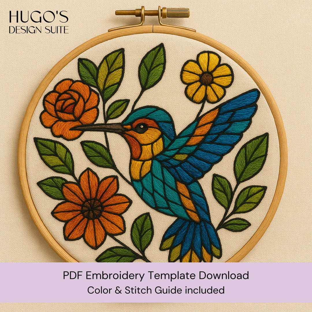 Hummingbird Hand Embroidery Pattern PDF – Stained Glass Style ...