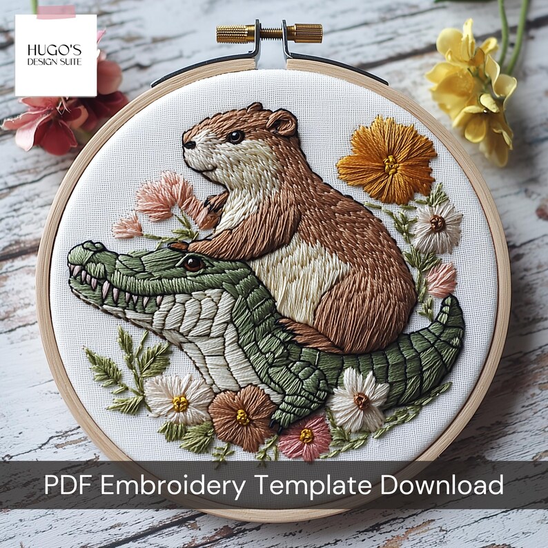Floral Capybara Hand Embroidery Pattern, Fun Animal Embroidery Design ...