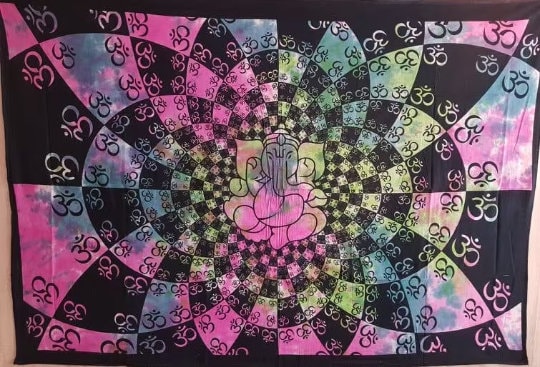 Tapestry Ganesha With OM Sign, Batik Goa Tapestry Ohm Pink, Tapestry ...