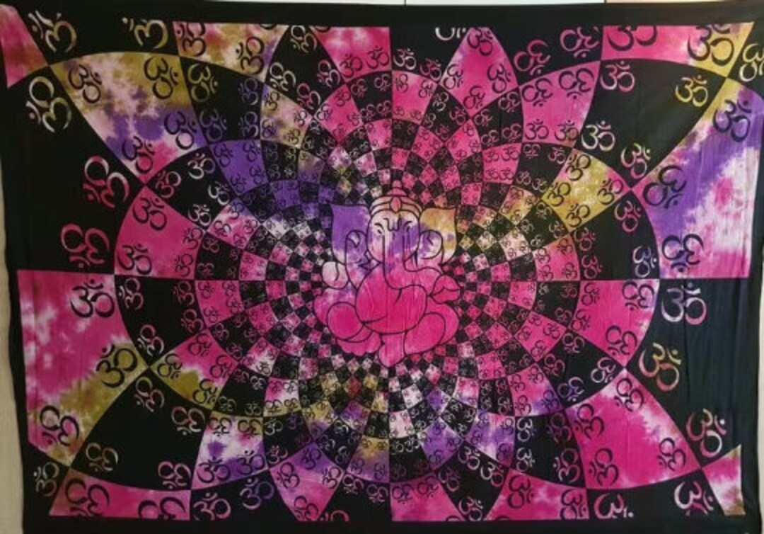 Wall Cloth Ganesha With OM Sign, Indian Batik Goa Tapestry Ohm Pink ...