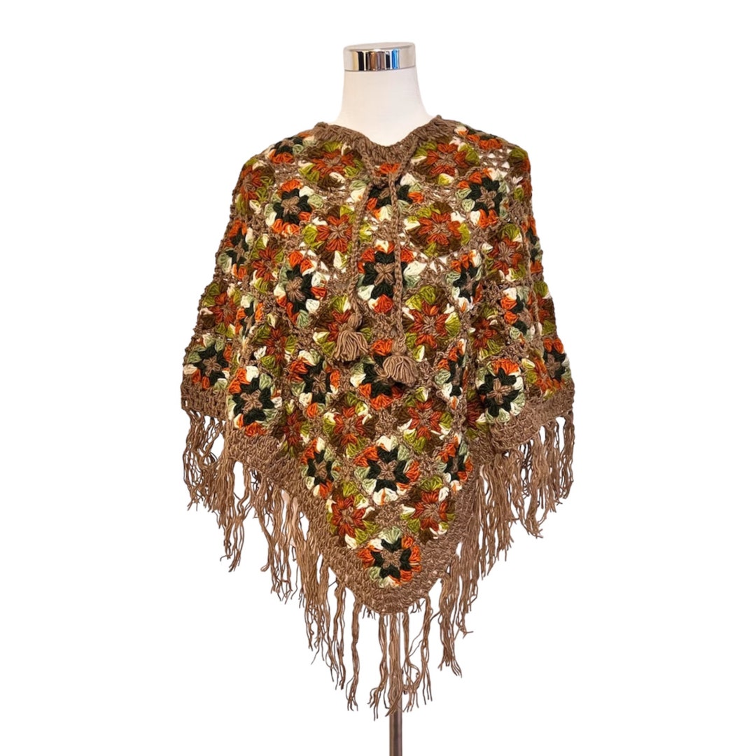 Hippie Wool Poncho Brown, Crochet Poncho With Fringes, Boho Throw ...