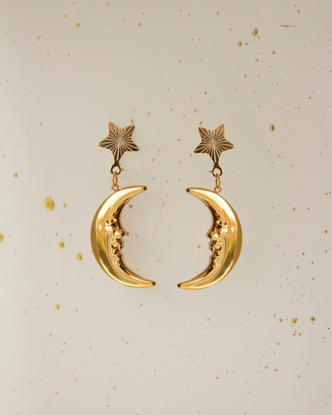 Astrid Gold Crescent Moon & Star Stud Earrings, Dangle Drop Earrings ...