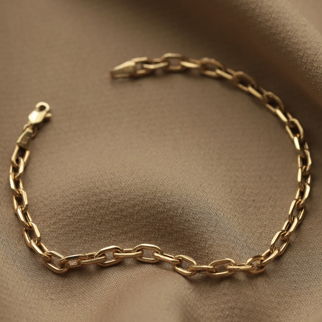 14K Real Gold 4mm Staple Link Chain Roll Ring Paperclip Bracelet ...