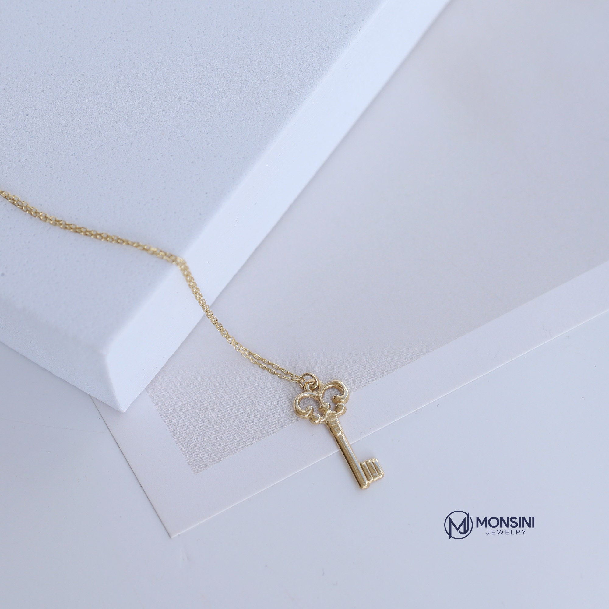 14K Real Solid Gold Minimal Friendship Key Necklace Lucky | Etsy