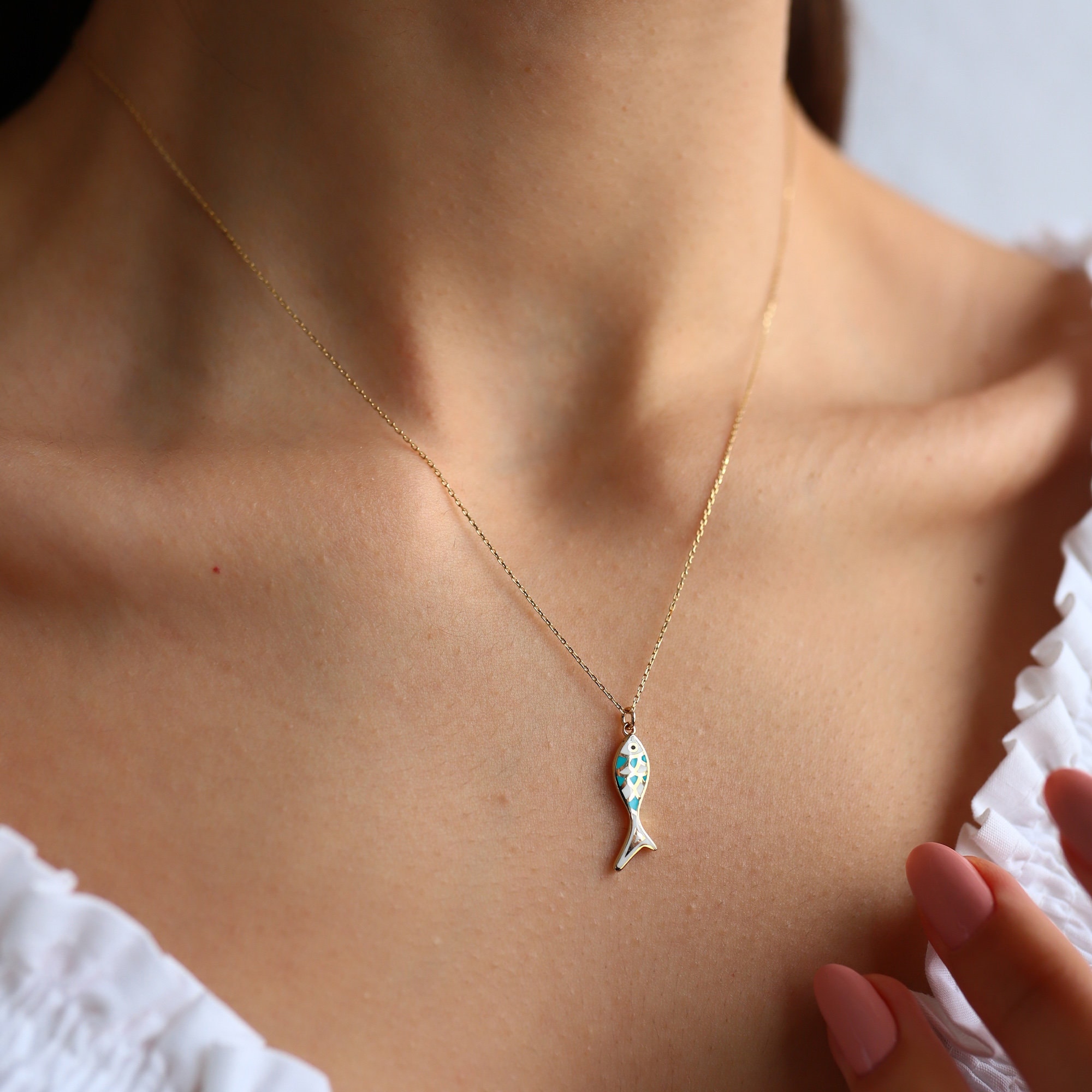 Animal Little Fish Necklace 14K Gold Charm Pendants Turquoise White ...