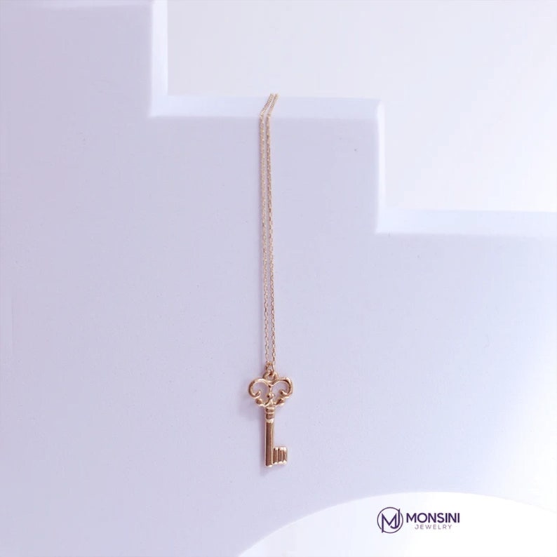 14K Real Solid Gold Minimal Friendship Key Necklace Lucky - Etsy