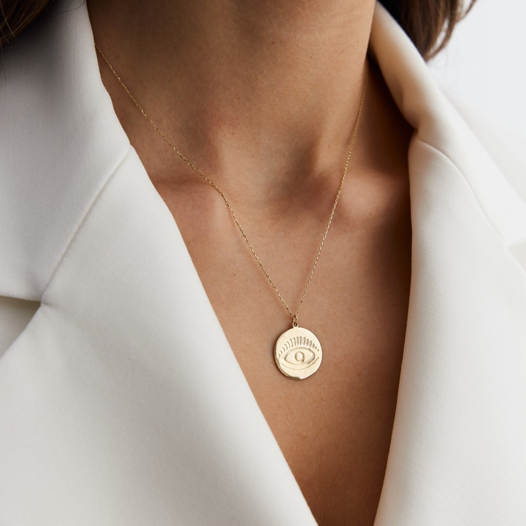 14K Solid Gold Layered Evil Eye Circular Amulet Necklace for Women ...