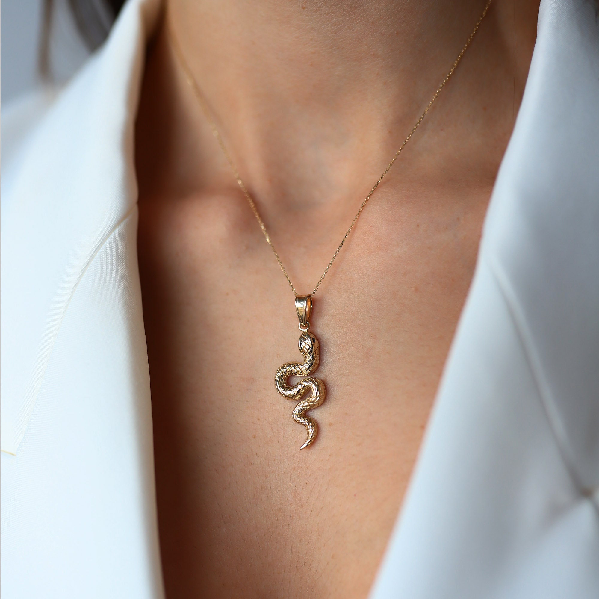 14K Solid Gold Snake Necklace, Black Zircon Serpent Pendant - Etsy