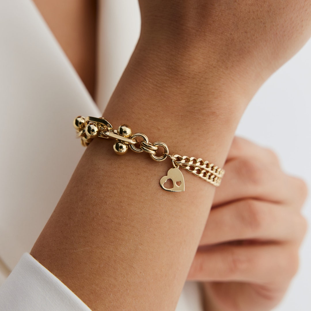 14K Gold Bracelet/curb Chain Heart Charm Pendant Cuban Link Stacking ...