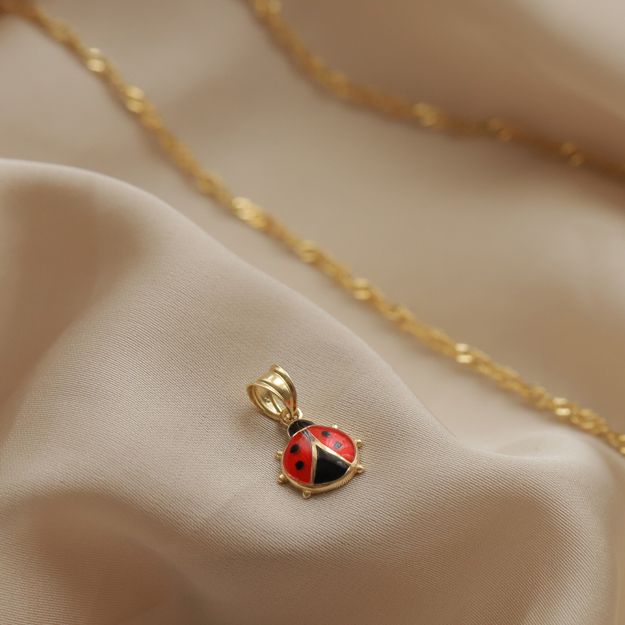 14k Real Solid Yellow Gold Black-red Enamel Ladybug Pendant - Etsy