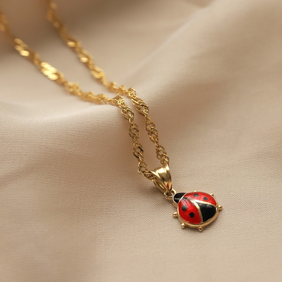14k Gold Ladybug Necklace, Red-black Enamel Pendant, Dainty Dorica ...