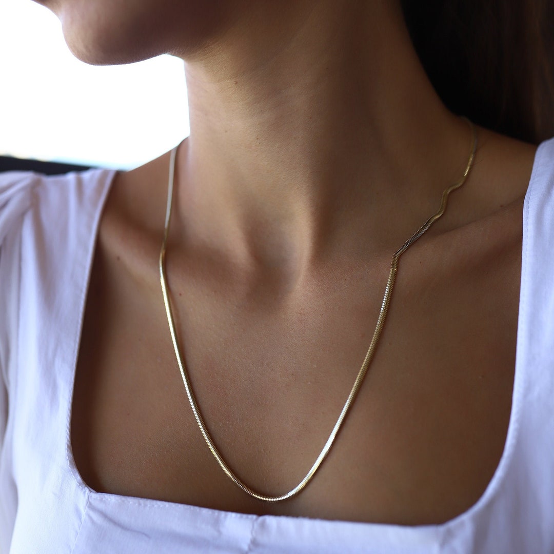 14K Real Solid Gold Bismarck Necklace Snake Chain Omega Length Optional ...