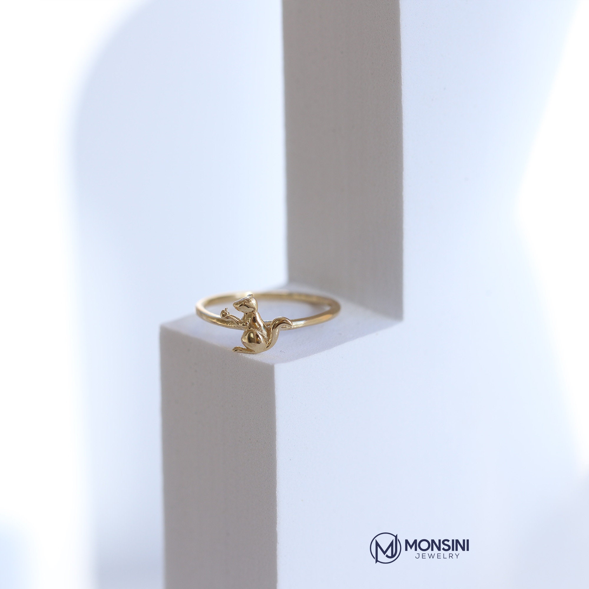 Squirrel Chain Ring 14K Real Solid Gold Animal Figure | Etsy