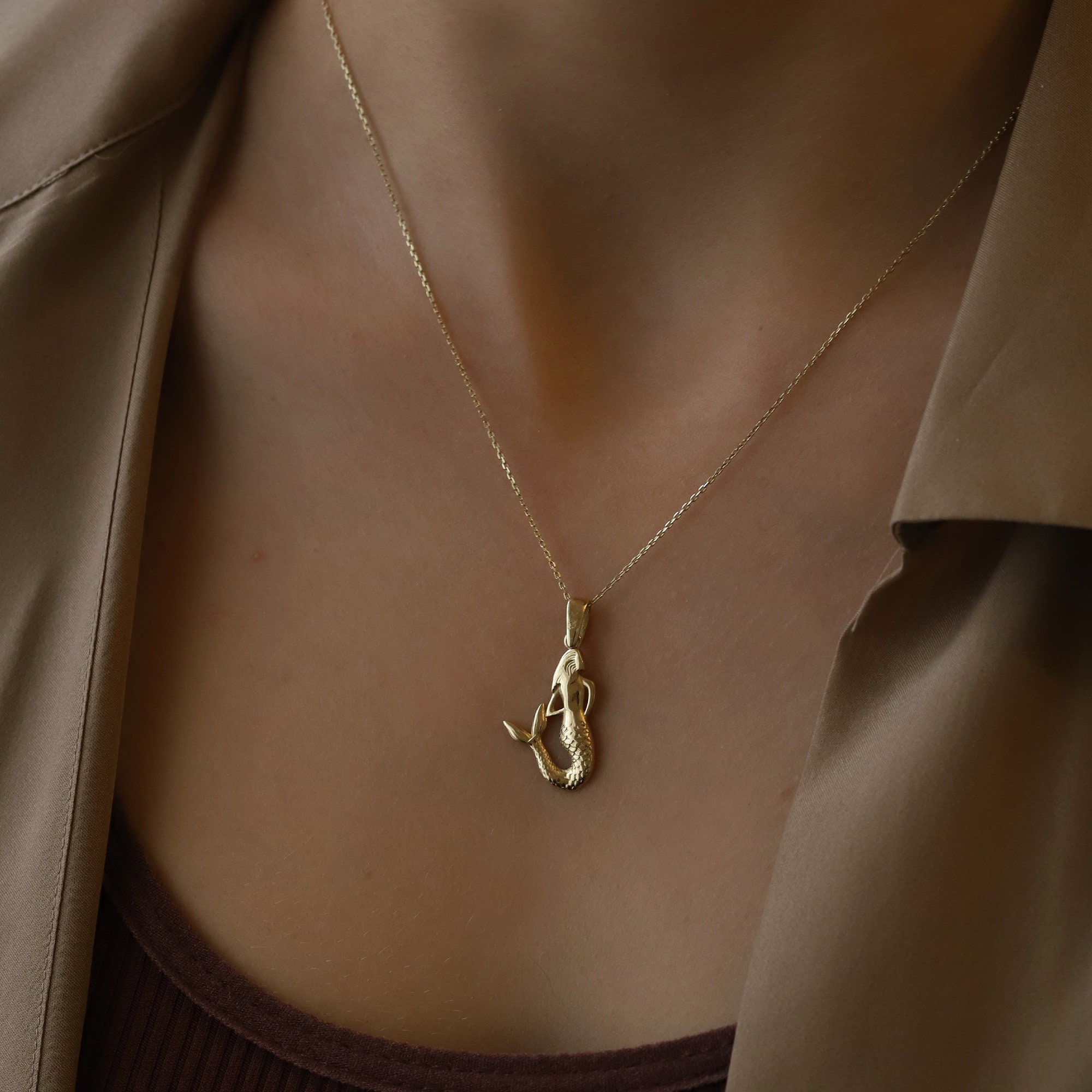 14K Solid Yellow Gold Mermaid Pendant Necklace, Dainty Modern Design - Etsy