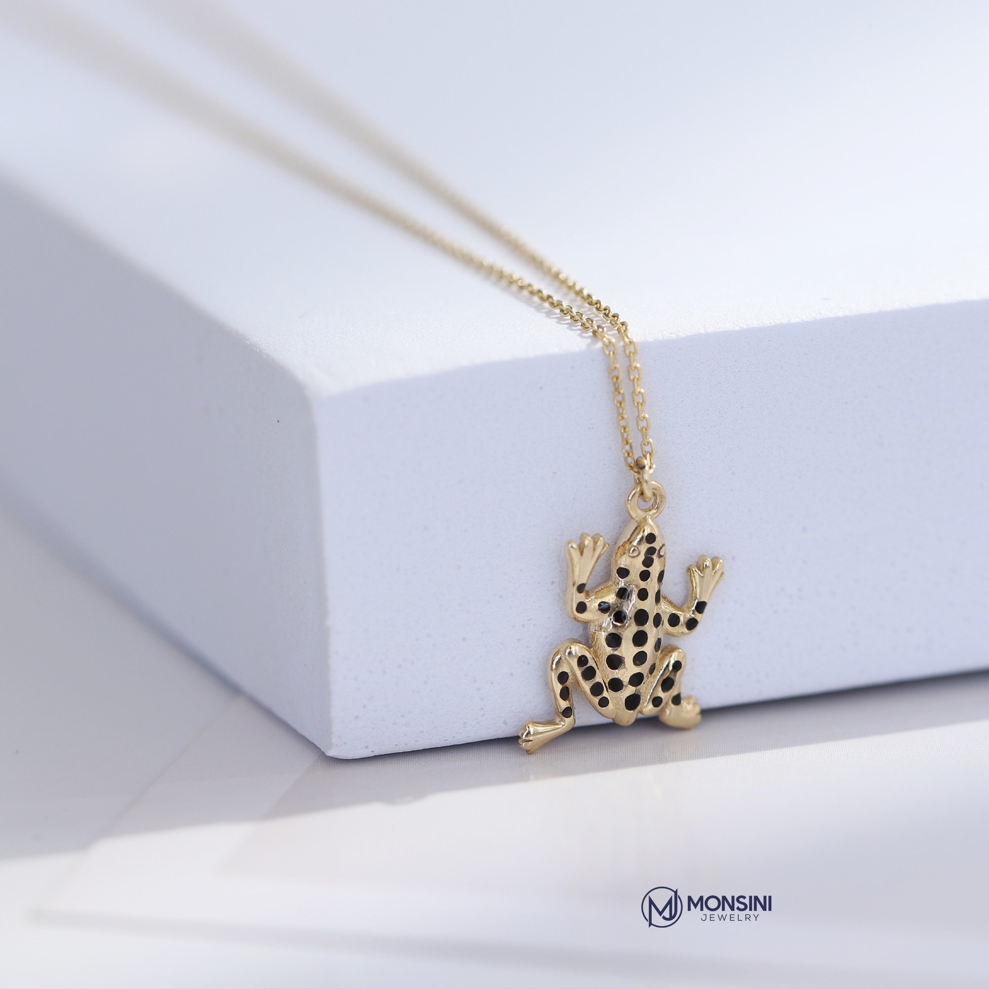 14K Real Solid Gold Black Enameled Lovely Frog Design Necklace Animal ...