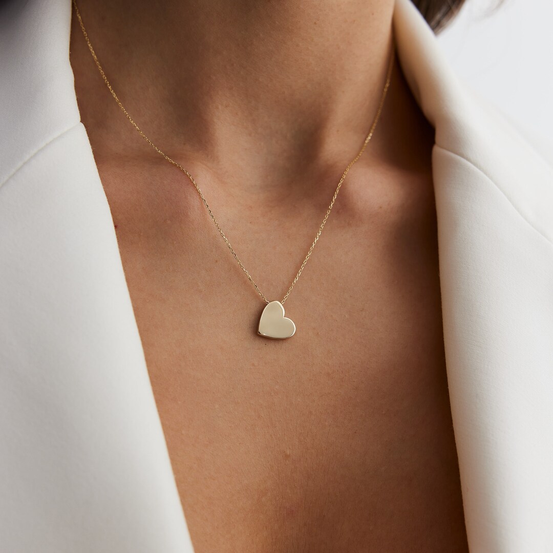 14K Solid Gold Heart Pendant Necklace, Dainty Minimalist Charm - Etsy